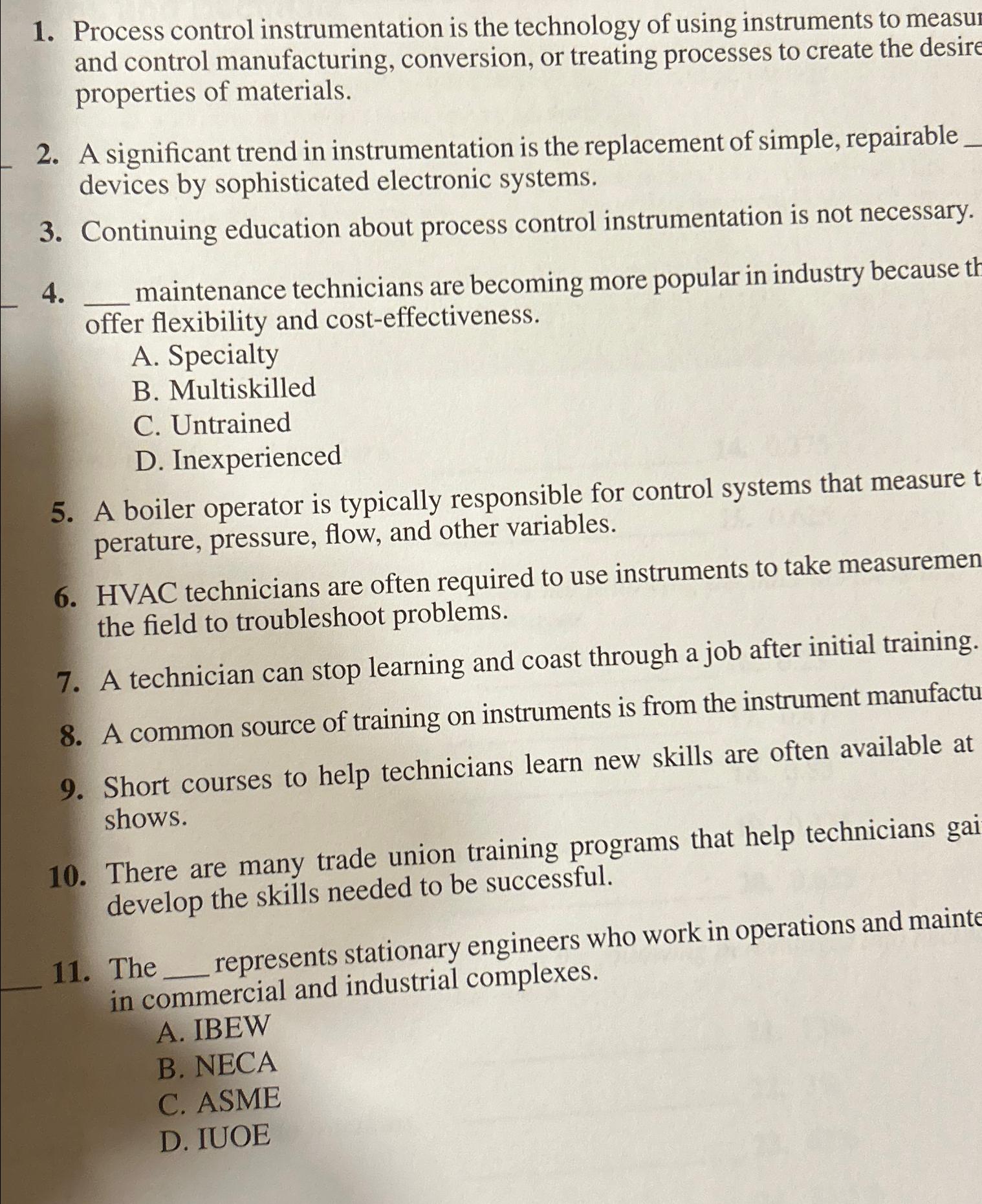 Solved Process control instrumentation is the technology of | Chegg.com