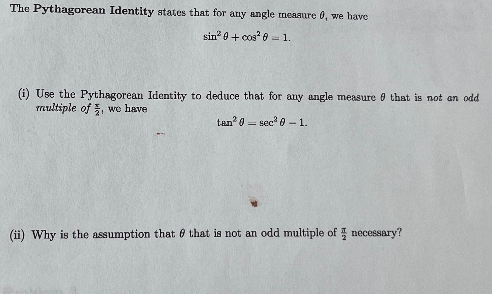 Solved The Pythagorean Identity states that for any angle | Chegg.com