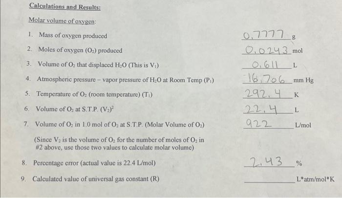 Solved Calculations and Results: Molar volume of oxygen: 1. | Chegg.com