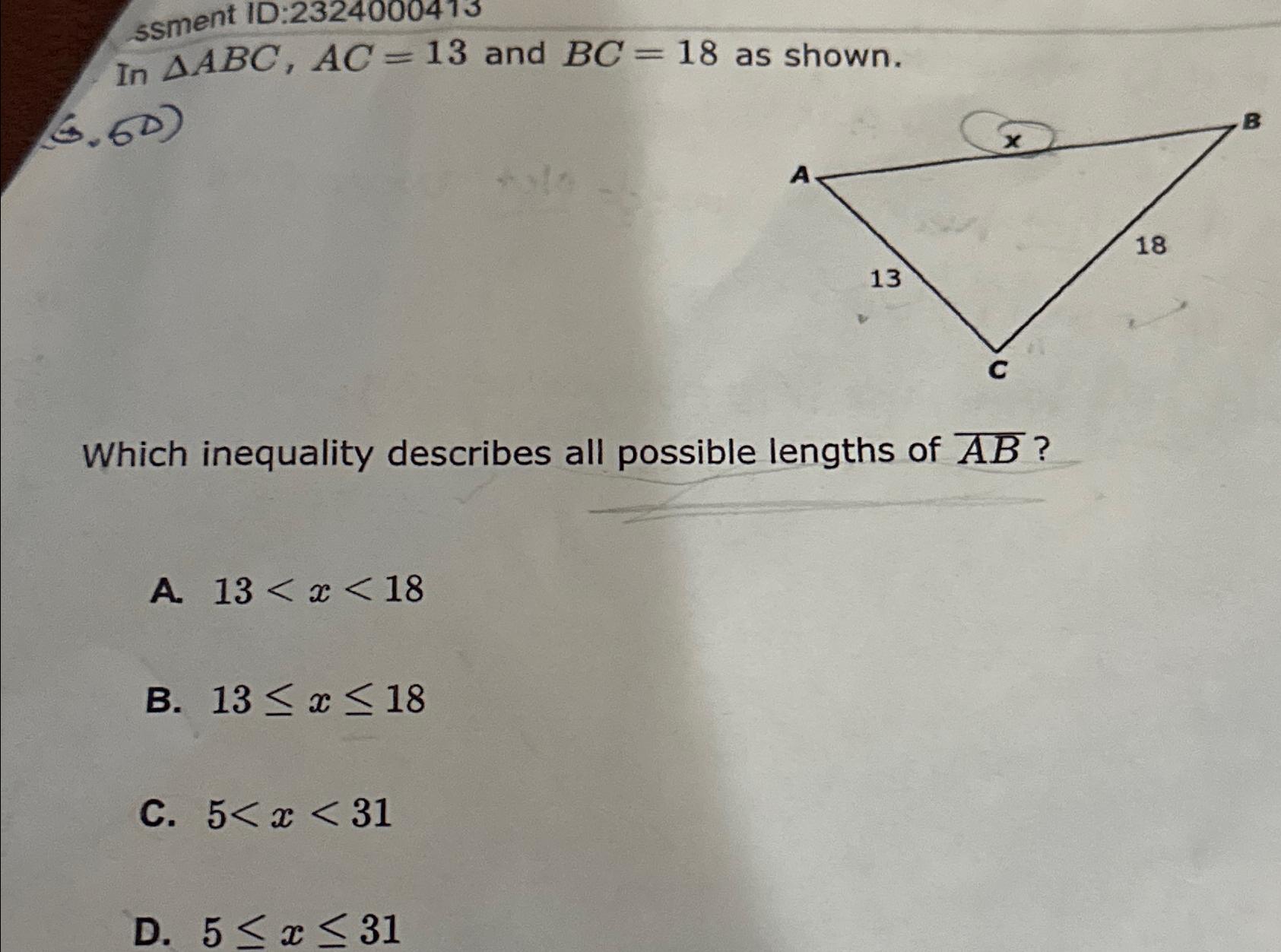 Solved ssment ID: 2324000413In ????ABC,AC=13 ﻿and BC=18 ﻿as | Chegg.com