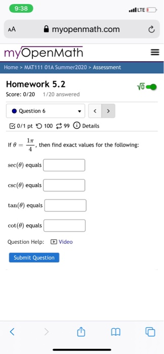 Solved 9:38 LTE АА myopenmath.com = myOpenMath Home > MAT111 | Chegg.com
