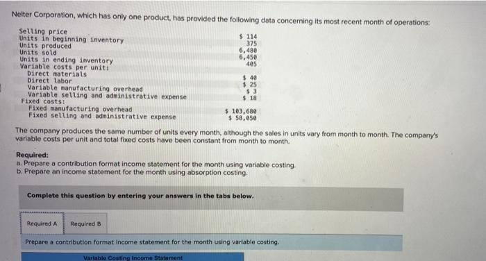 Solved a. Prepare contribution format income statement for | Chegg.com