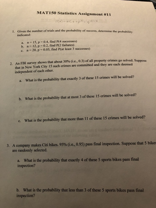Solved MAT150 Statistics Assignment #11 n p(x) = ncx.px | Chegg.com
