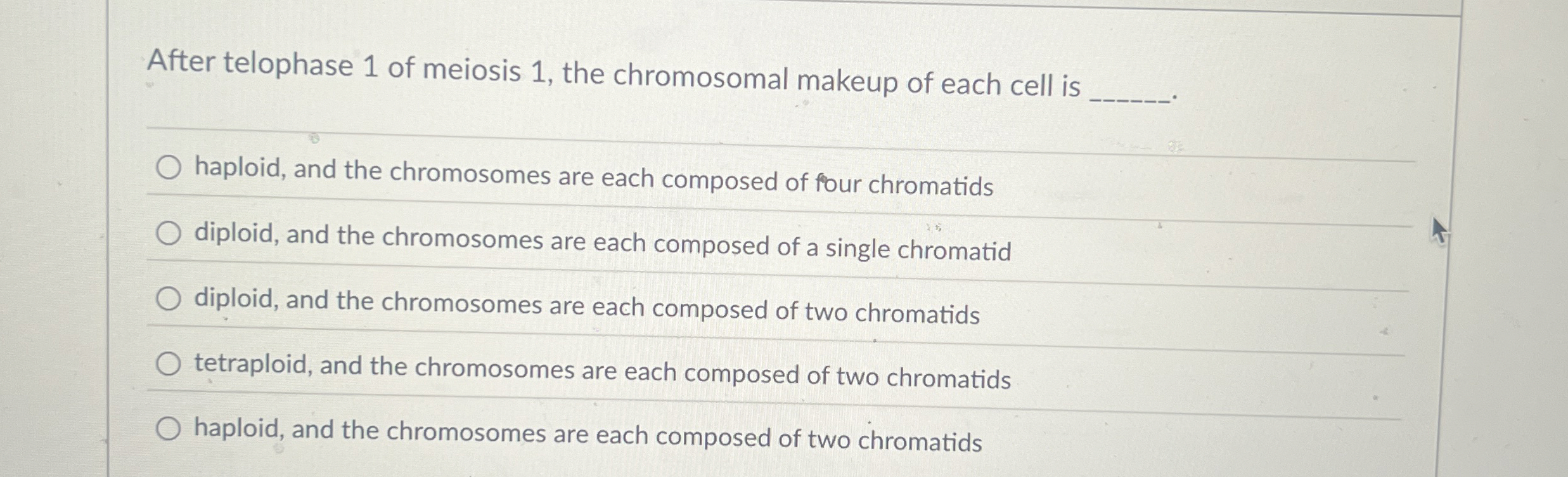Solved After telophase 1 ﻿of meiosis 1, ﻿the chromosomal | Chegg.com