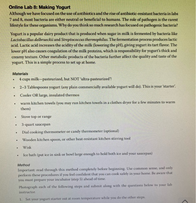Solved Online Lab 8: Making Yogurt Although we have focused | Chegg.com