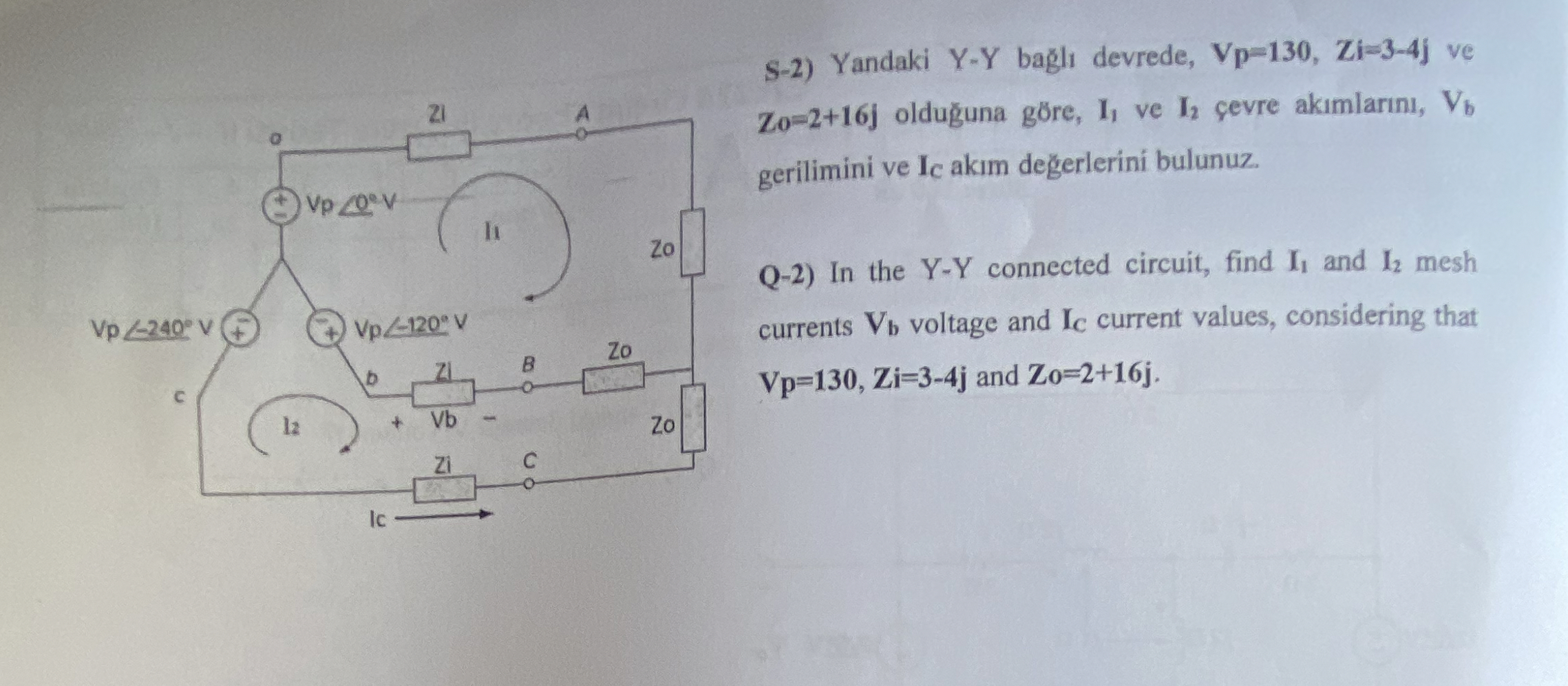 Solved S-2 ) ﻿Yandaki Y-Y ﻿baglı devrede, Vp=130,Zi=3-4j ﻿ve | Chegg.com