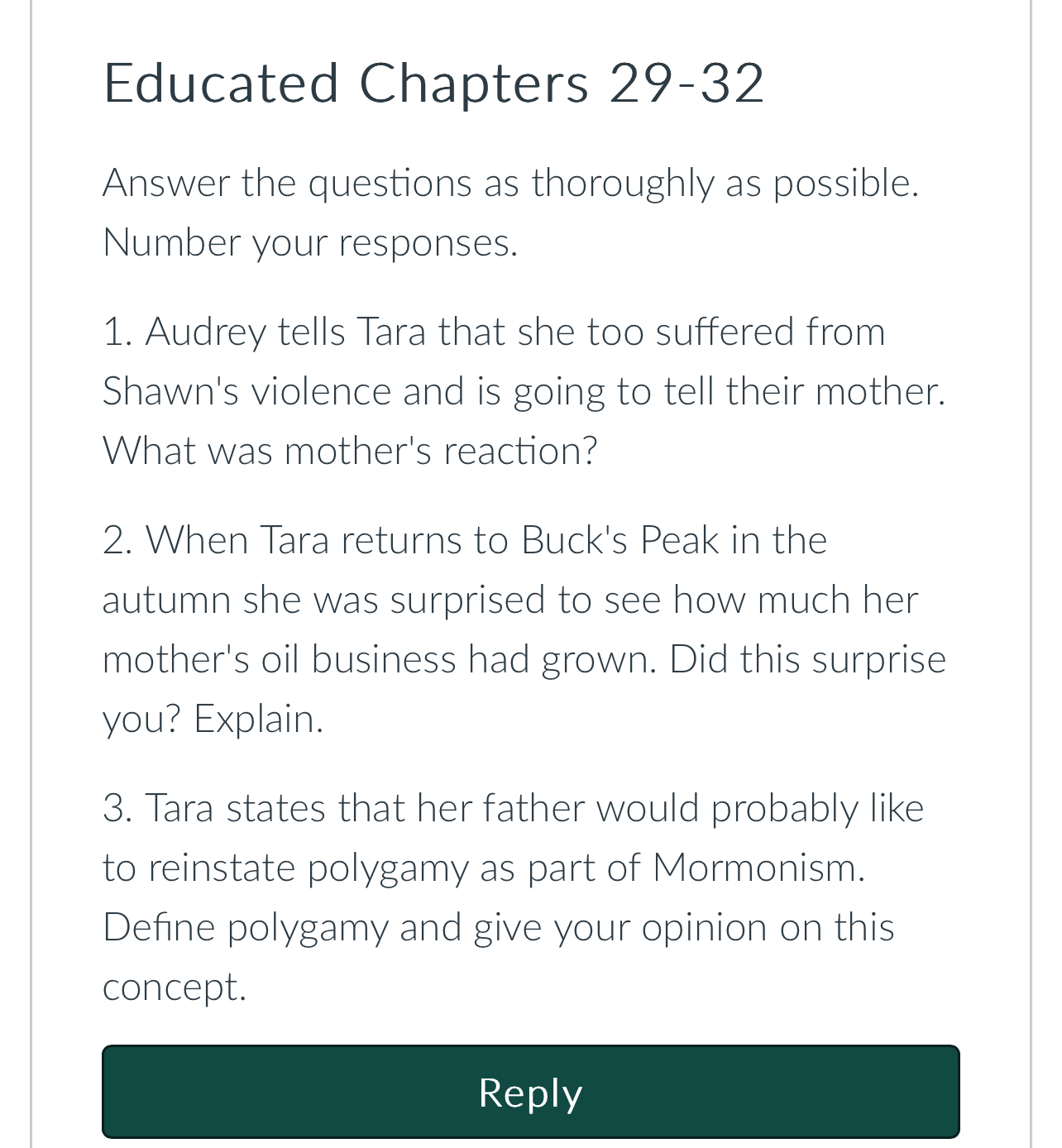 Educated Chapters 29-32Answer the questions as | Chegg.com