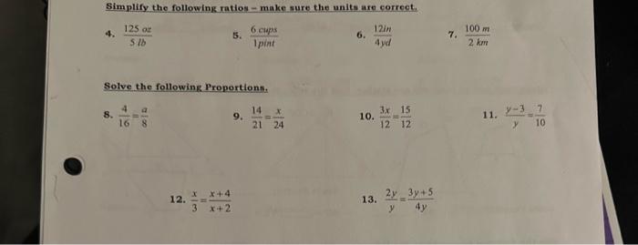 Solved Simplify the following ratios - make sure the units | Chegg.com