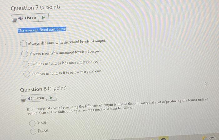 Solved Question 7 (1 point) Listen The average fixed cost | Chegg.com