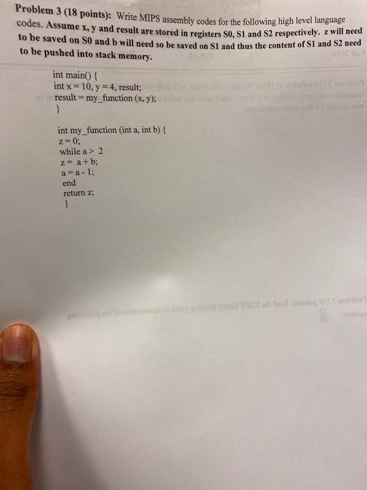 Solved Problem 3 (18 points): Write MIPS assembly codes for | Chegg.com