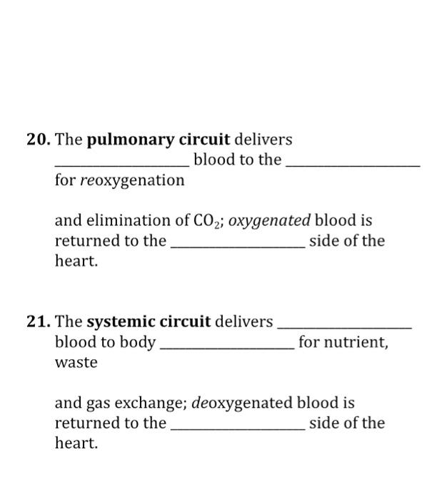 Solved 20. The pulmonary circuit delivers blood to the for | Chegg.com