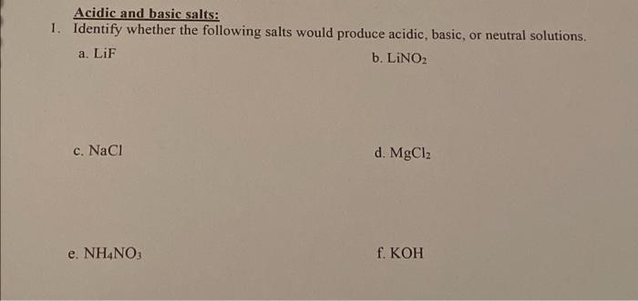 Solved Acidic and basic salts: 1. Identify whether the | Chegg.com