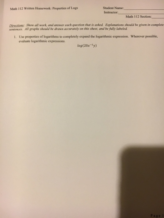Solved Math 112 Written Homework: Properties of Logs Student | Chegg.com