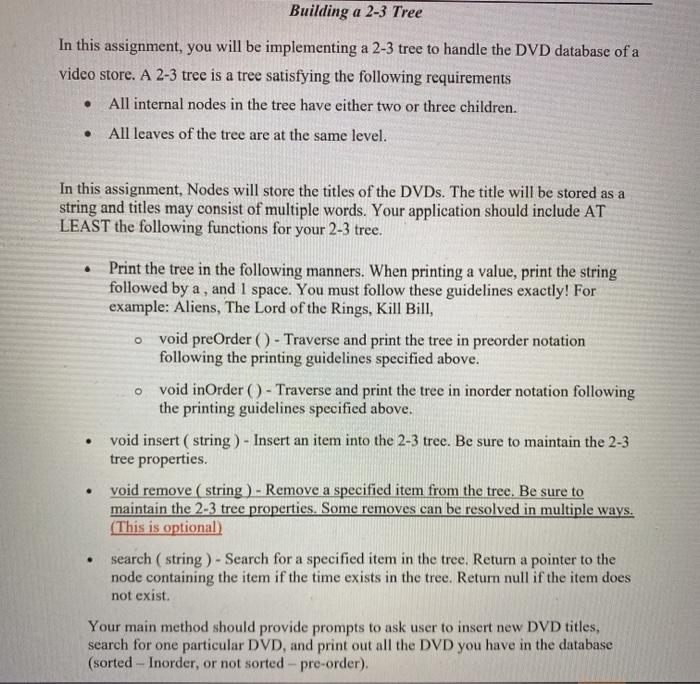 Solved Building a 2-3 Tree In this assignment, you will be | Chegg.com