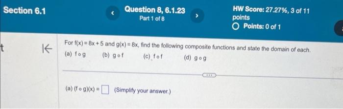 Solved For f(x)=8x+5 and g(x)=8x, find the following | Chegg.com