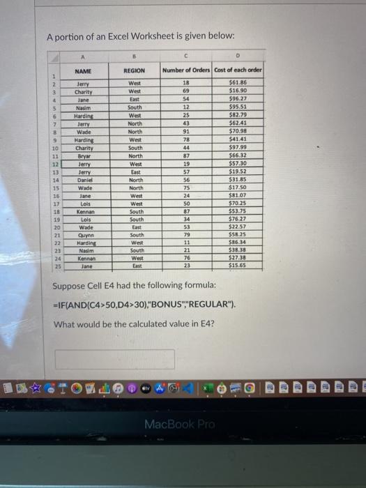 Solved A portion of an Excel Worksheet is given below: А c D | Chegg.com