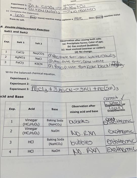 Solved Experiment 1: Zn+CuSO4→ZnSO4+Cu A Leso les its satt. | Chegg.com