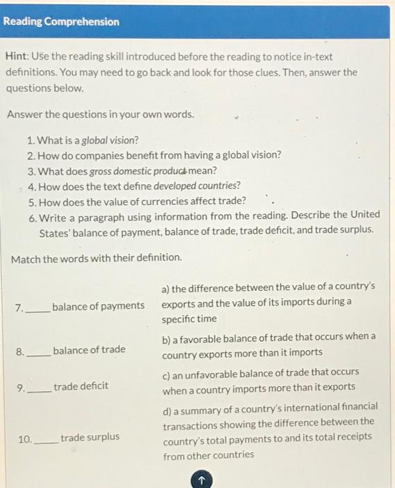 Solved Reading Comprehension Hint: Use the reading skill | Chegg.com