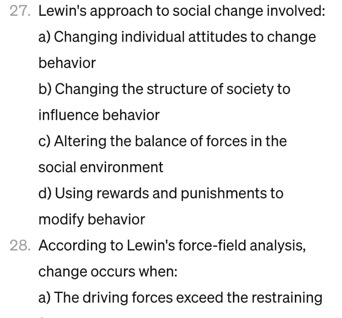 Solved Lewin's approach to social change involved:a) | Chegg.com