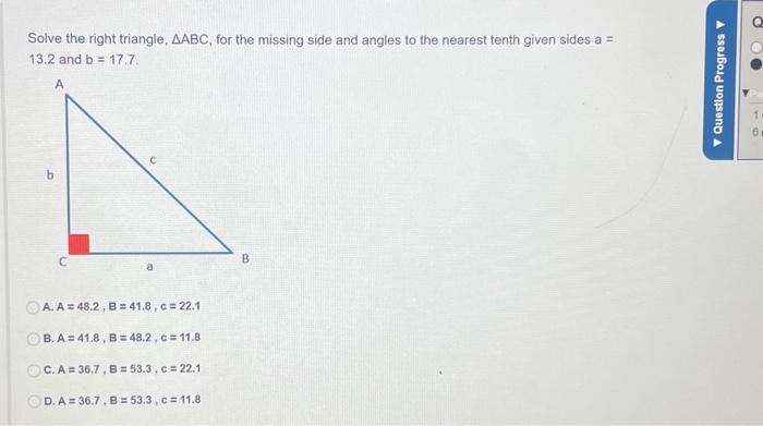 Solved Solve the right triangle, ABC, for the missing side | Chegg.com