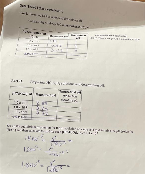 Solved Data Sheet 1 (Show calculations.) Part I. Preparing | Chegg.com