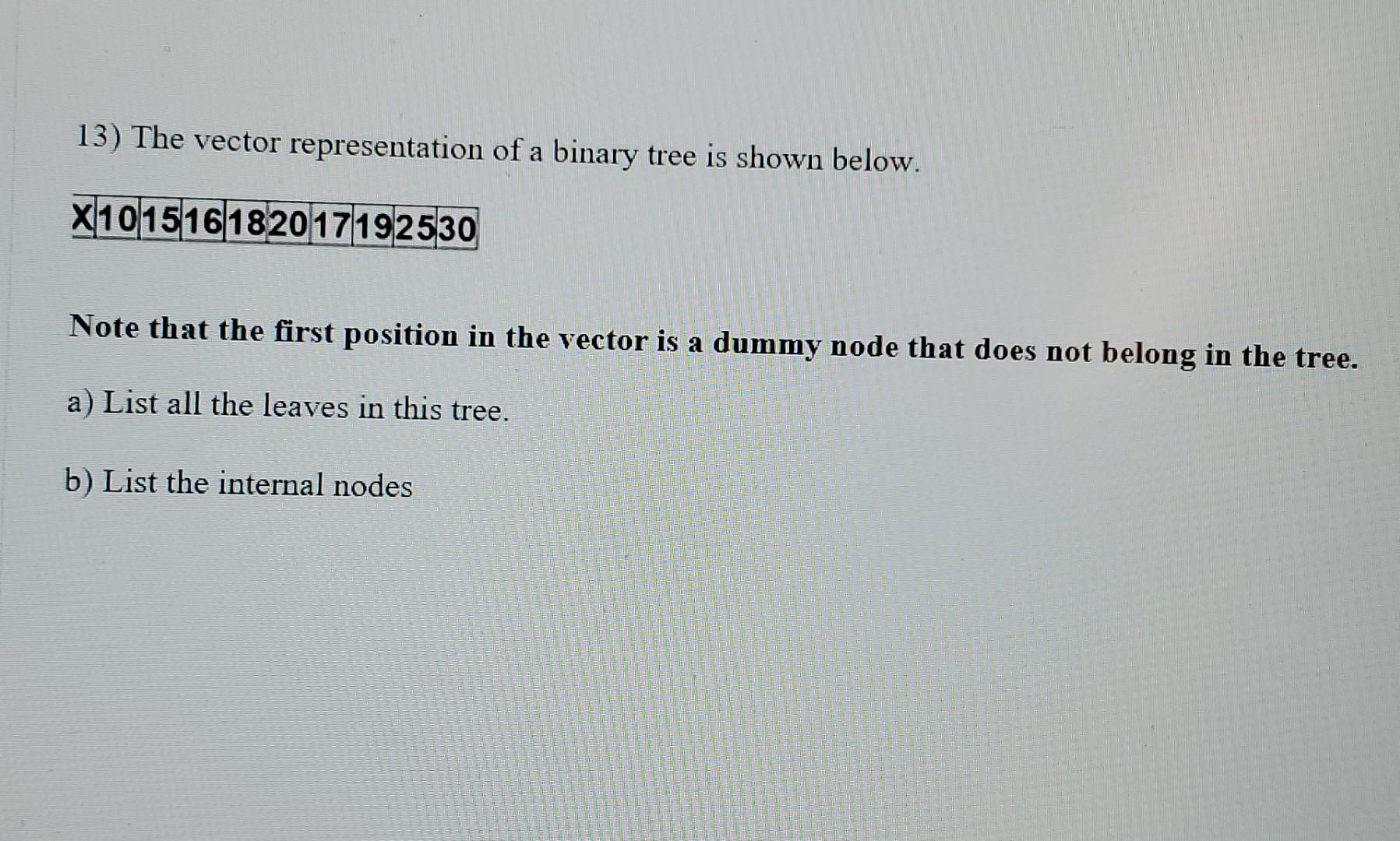 Solved 13) The vector representation of a binary tree is | Chegg.com