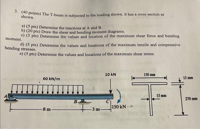 Solved 3. (40 points) The T-beam is subjected to the loading | Chegg.com Solved 3. (40 points) The T-beam is subjected to the loading | Chegg.com