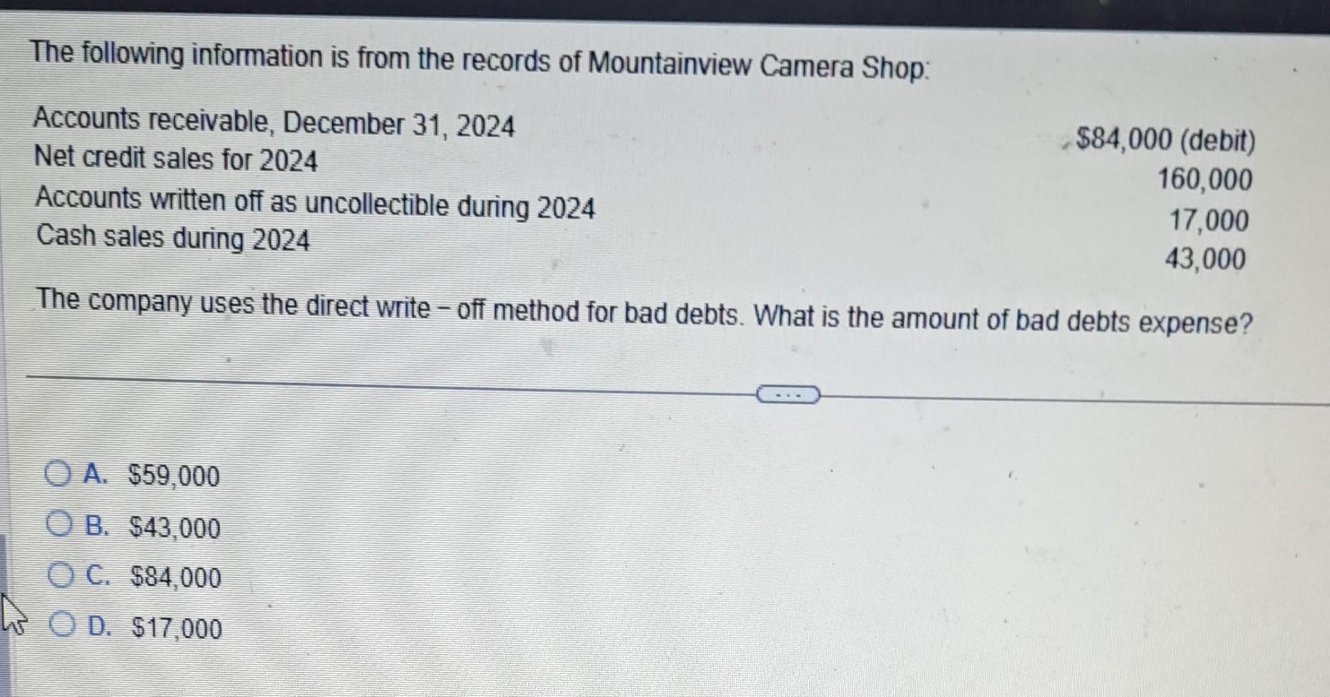 Solved A. $59,000 B. $43,000 C. $84,000 D. $17,000 | Chegg.com