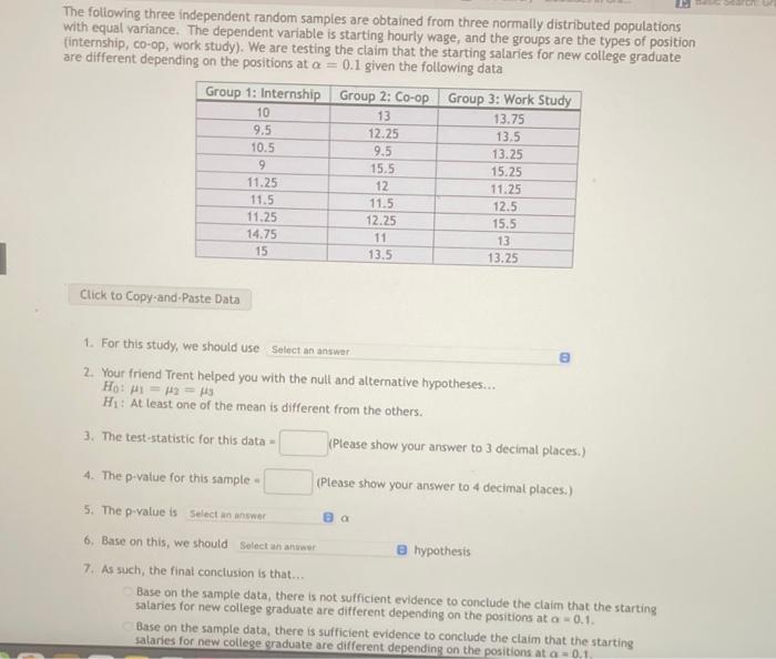 Solved The Following Three Independent Random Samples Are Chegg