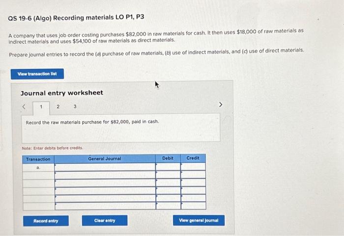 Solved QS 19-6 (Algo) Recording materials LO P1, P3 A | Chegg.com