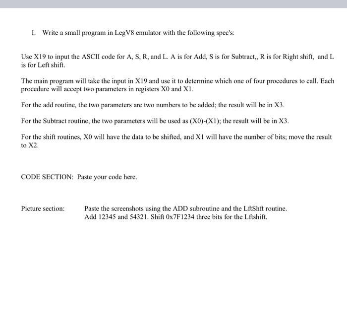 Solved 1. Write a small program in LegV8 emulator with the | Chegg.com