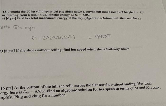 Solved 15. Petunia the 20 kg solid spherical pig slides down | Chegg.com