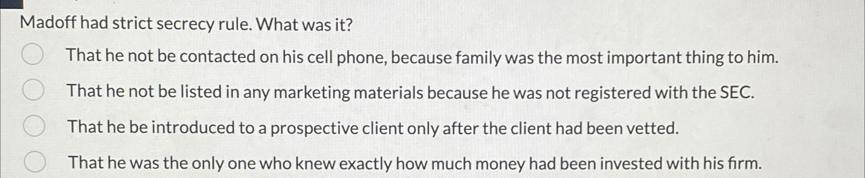Solved Madoff had strict secrecy rule. What was it?That he | Chegg.com