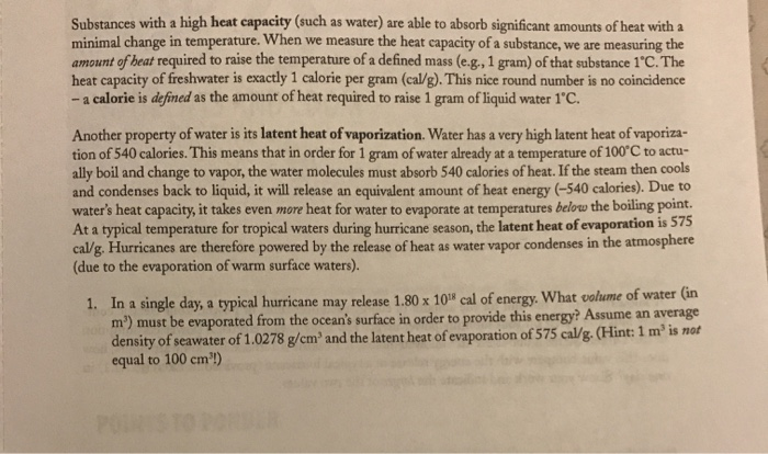 Solved Substances with a high heat capacity (such as water) | Chegg.com
