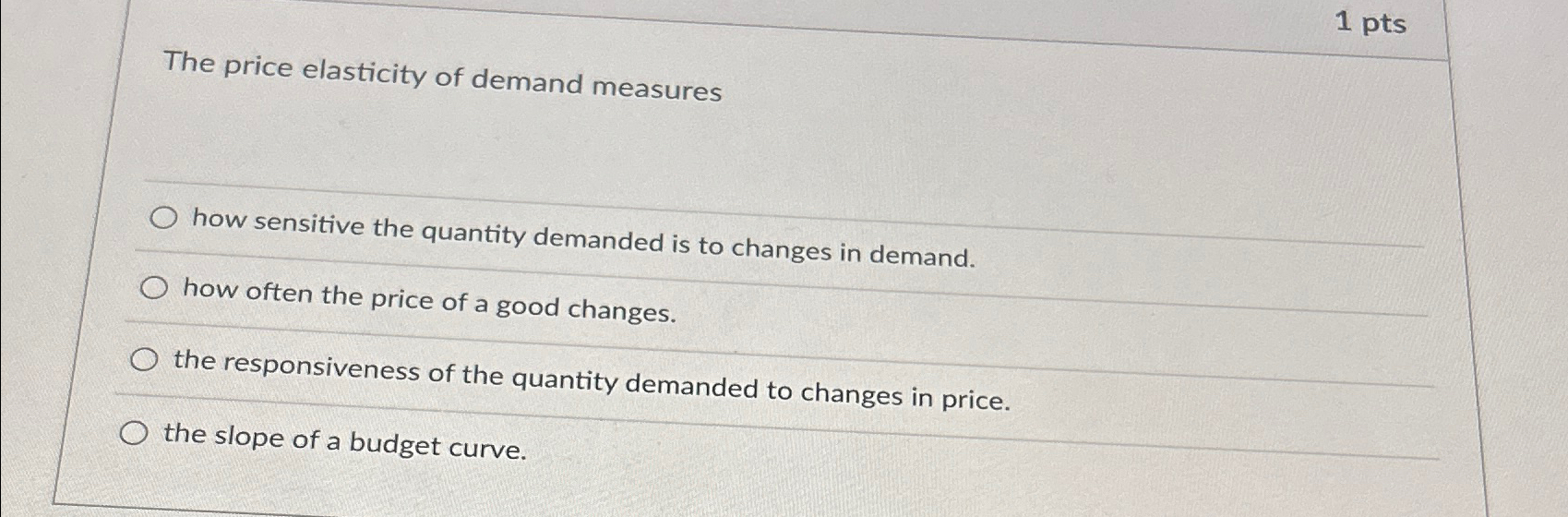 Solved 1 ﻿ptsThe price elasticity of demand measureshow | Chegg.com