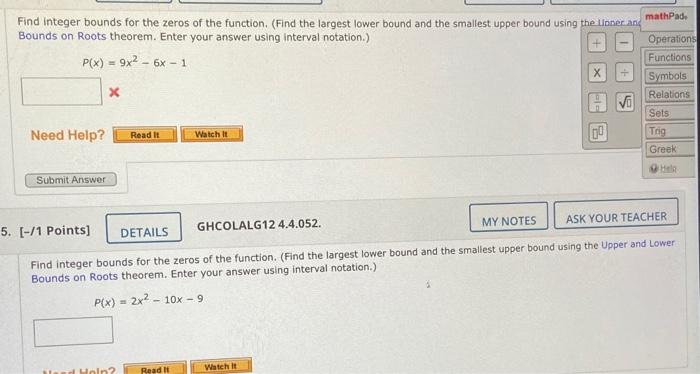 Solved mathPad Find Integer bounds for the zeros of the | Chegg.com