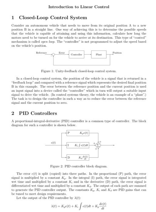Solved Introduction to Linear Control 1 Closed-Loop Control | Chegg.com