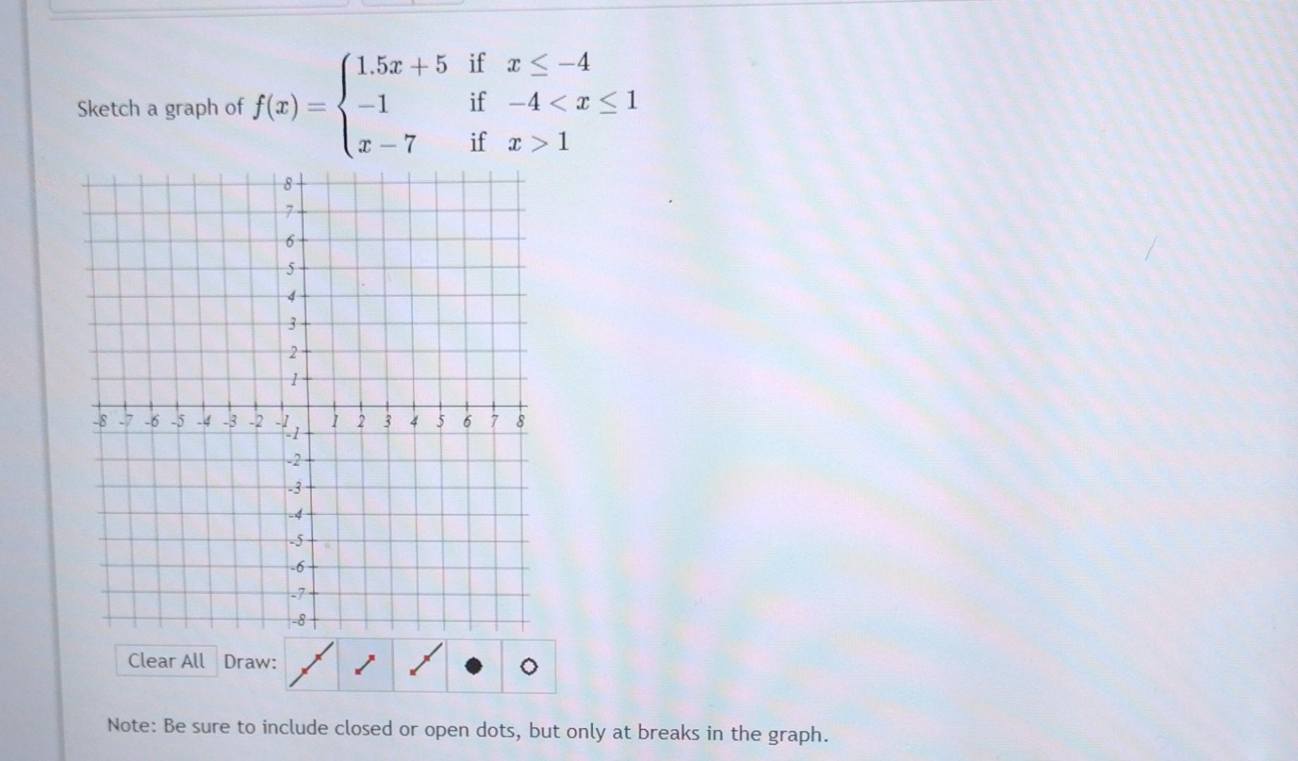 Solved Sketch a graph of f(x)=⎩⎨⎧1.5x+5−1x−7 if x≤−4 if −4 | Chegg.com