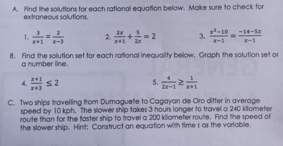 Solved A. Find the solutions for each rational equation | Chegg.com
