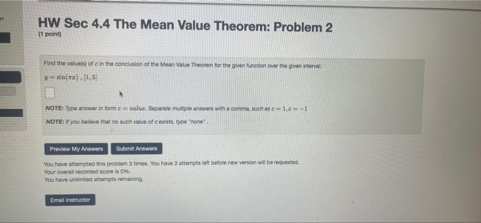 Solved an HW Sec 4.4 The Mean Value Theorem: Problem 2 (1 | Chegg.com