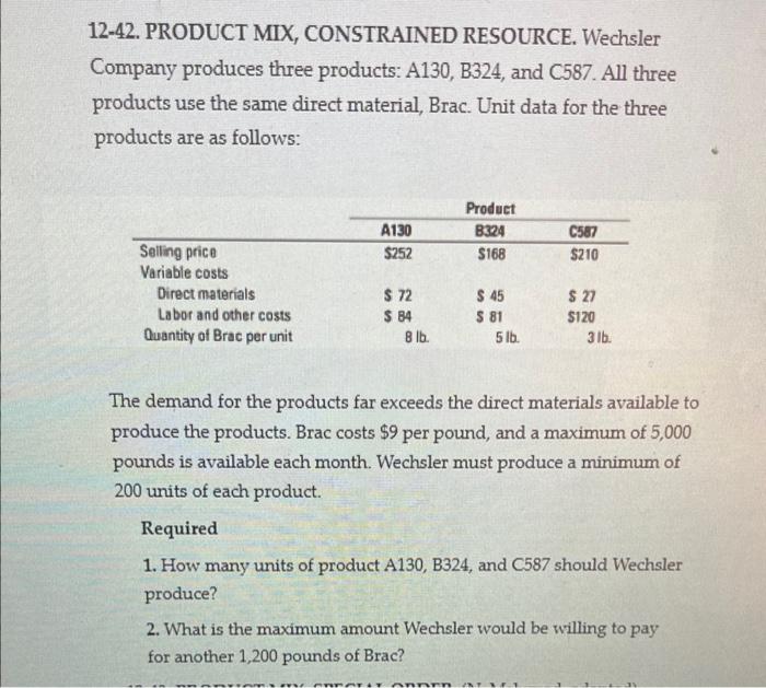 Solved 12-42. PRODUCT MIX, CONSTRAINED RESOURCE. Wechsler | Chegg.com