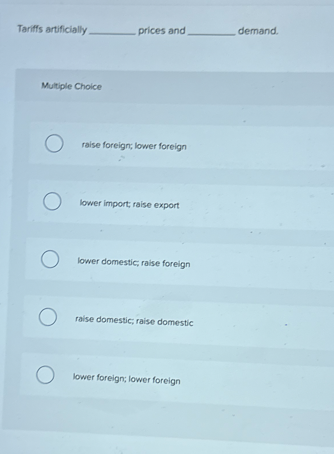 Solved Tariffs artificially ﻿prices and ﻿demand.Multiple | Chegg.com