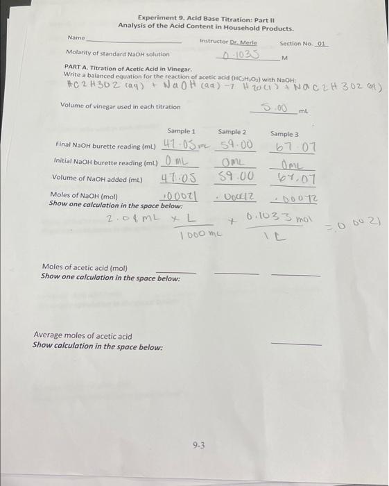 Solved PART A. Titration of Acetic Acid in Vinegar. Write a | Chegg.com
