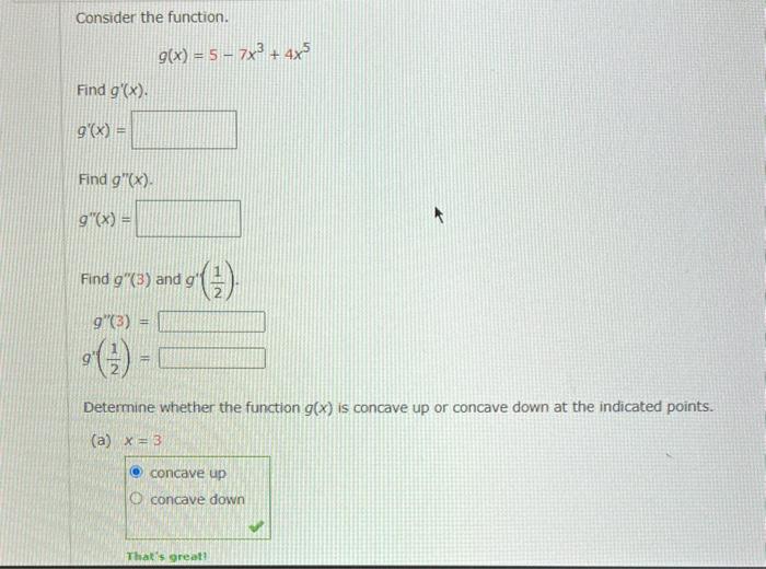 Solved Consider the function. g(x)=5−7x3+4x5 Find g′(x) | Chegg.com