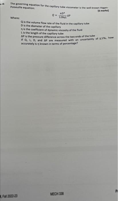 Solved The governing equation for the capillary tube | Chegg.com