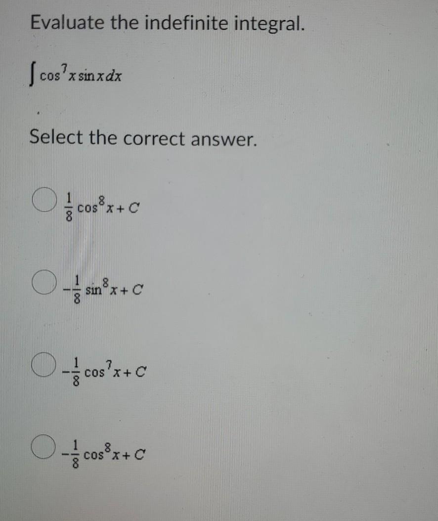 Solved Evaluate the indefinite integral. cos’x sin x dx | Chegg.com