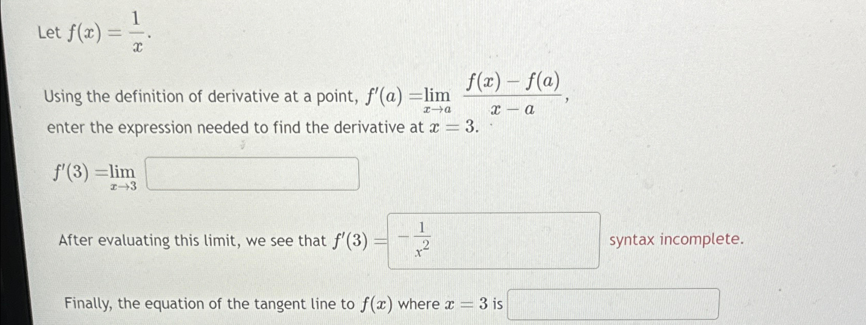 Solved Let f(x)=1x.Using the definition of derivative at a | Chegg.com