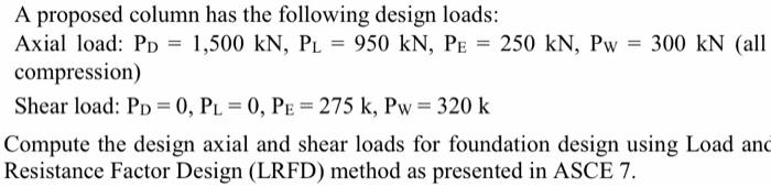 Solved A proposed column has the following design loads: | Chegg.com