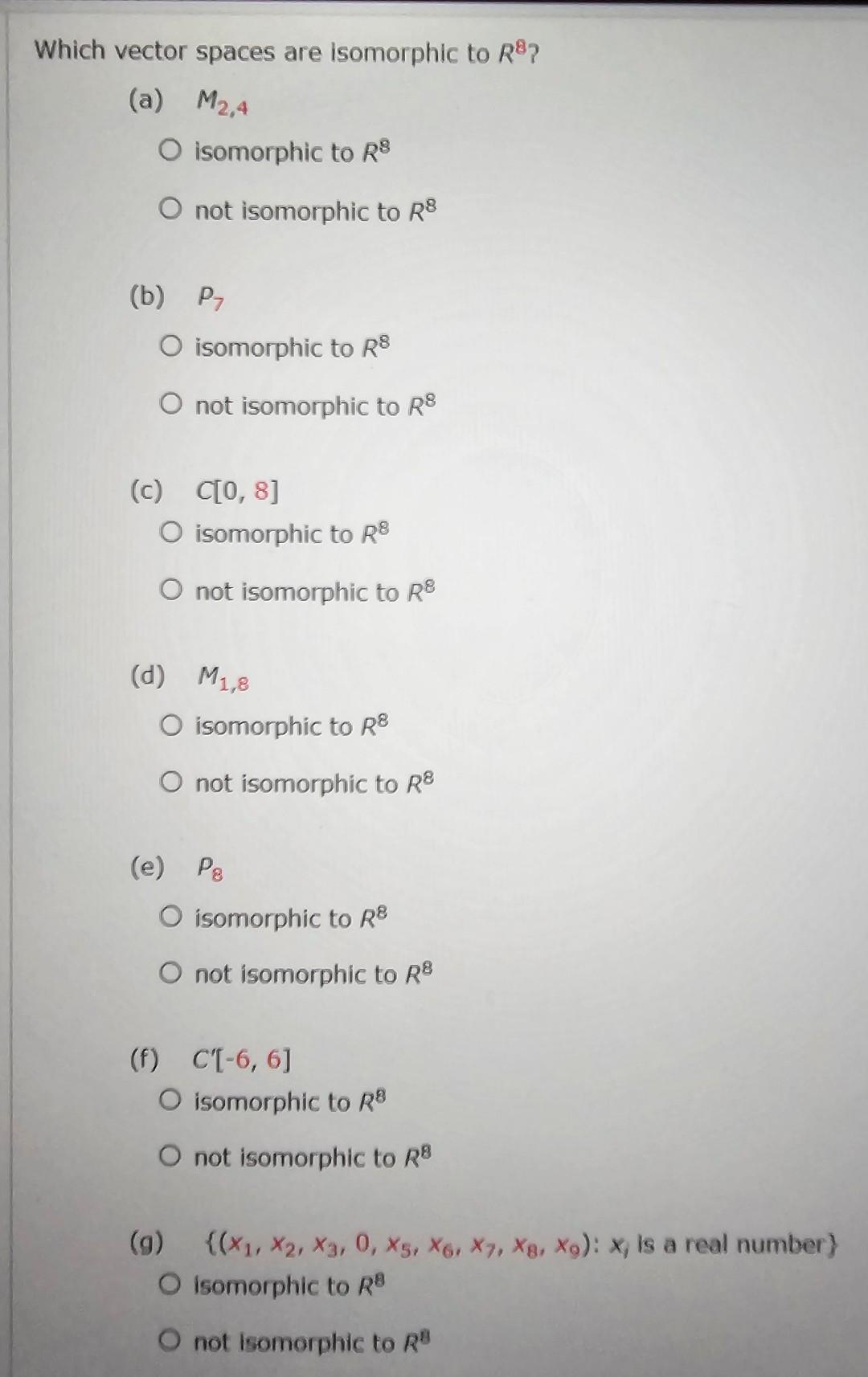 Solved hich vector spaces are isomorphic to R8 ? (a) M2,4 | Chegg.com