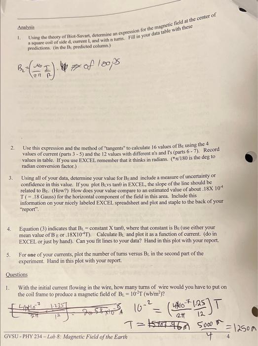 Solved Analysis 1. Using the theory or Biot-Savart, | Chegg.com